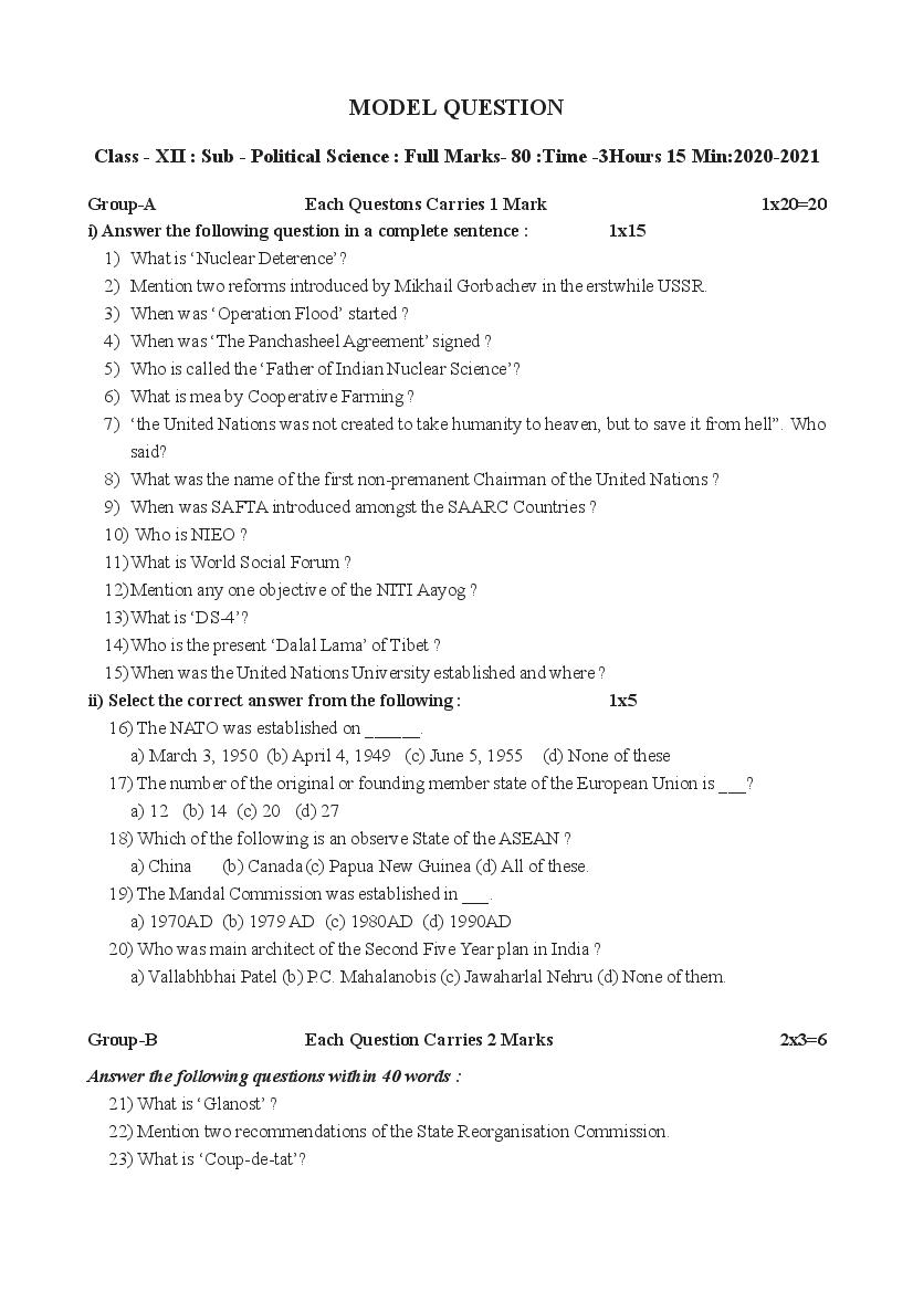TBSE Class 12 Model Question Paper for Political Science – Download ...