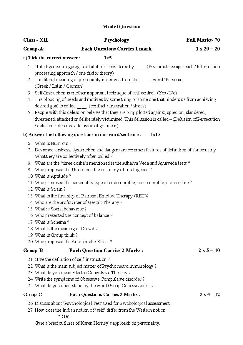 TBSE Class 12 Model Question Paper 2021 for Psychology – Download ...