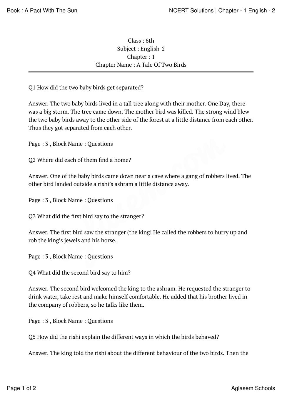 NCERT Solutions Class 6 English A Pact With The Sun Chapter 1 Name A
