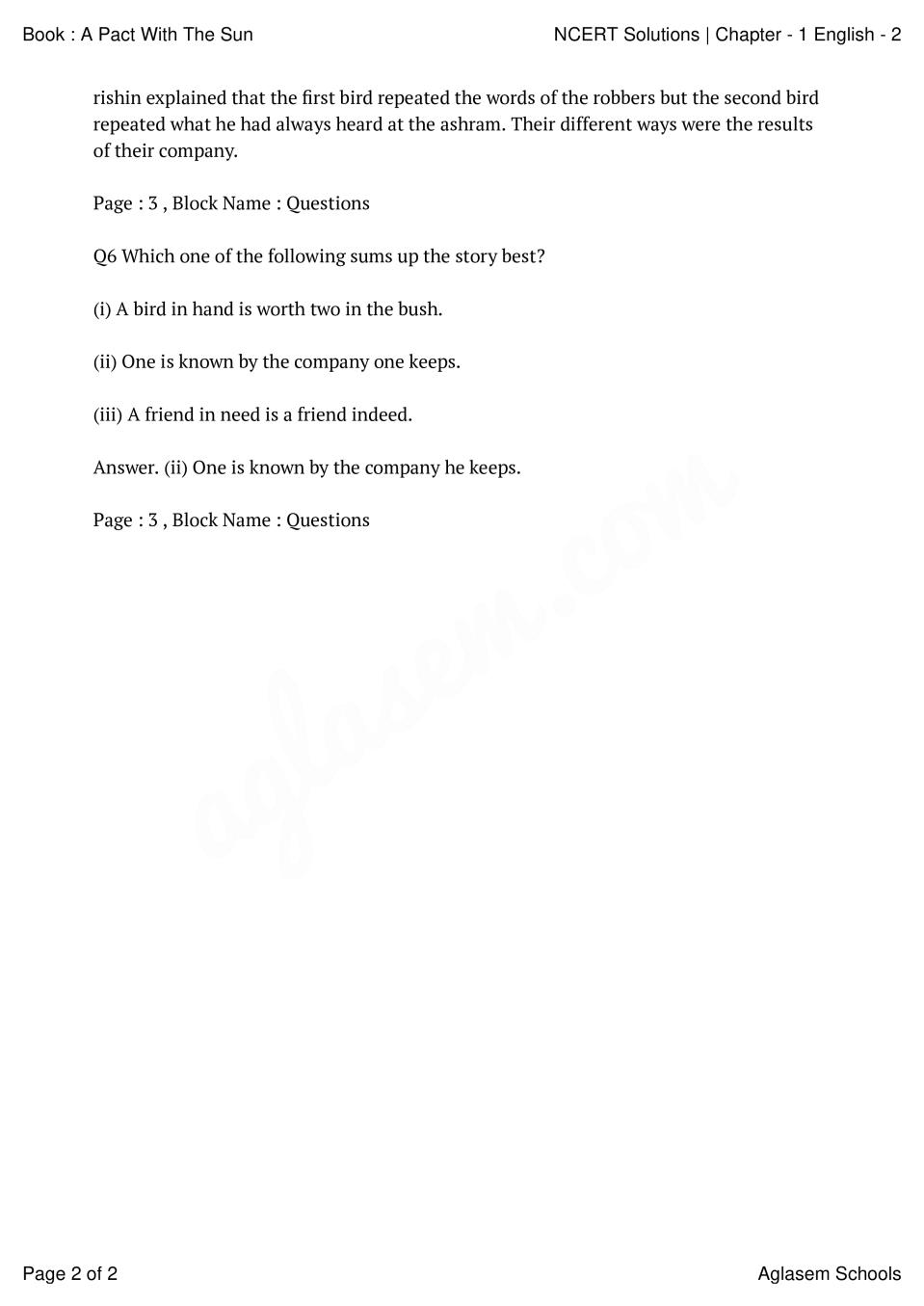 NCERT Solutions For Class 6 English Chapter 1 A Tale Of Two Birds PDF NCERT Solutions For Class 6 English Chapter 1 A Tale Of Two Birds PDF