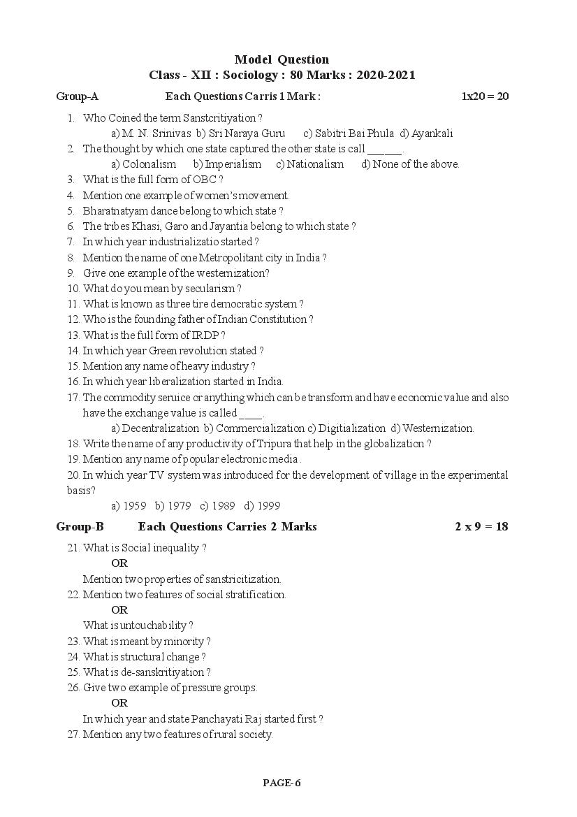 TBSE Class 12 Model Question Paper 2021 for Sociology – Download Sample ...