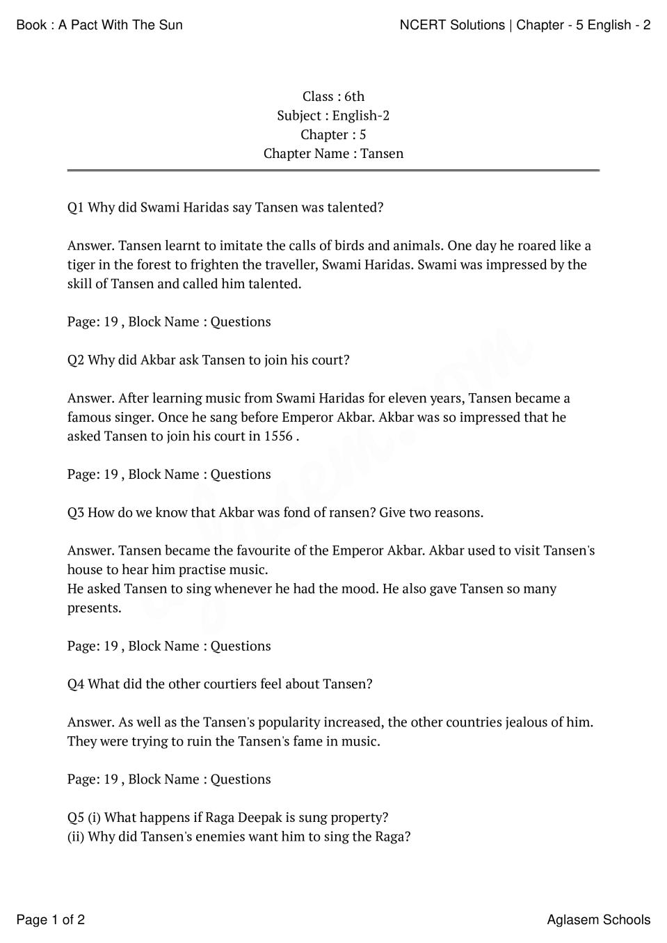 NCERT Solutions Class 6 English A Pact With The Sun Chapter 5 Tansen