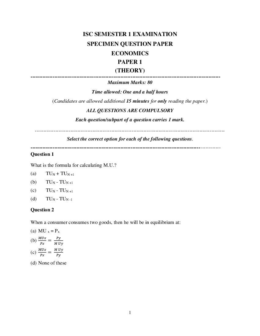 ISC Class 12 Specimen Paper 2022 Economics Semester 1 ISC Class 12 Specimen Paper 2022 Economics Semester 1