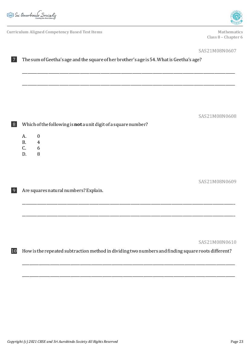 Class 8 Maths Competency Based Questions 2025 - Download PDF - AglaSem