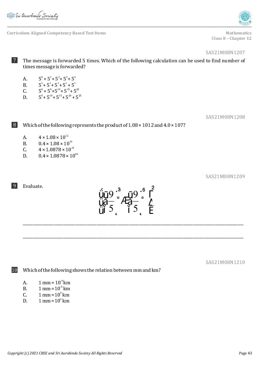 Class 8 Maths Competency Based Questions 2025 - Download PDF - AglaSem