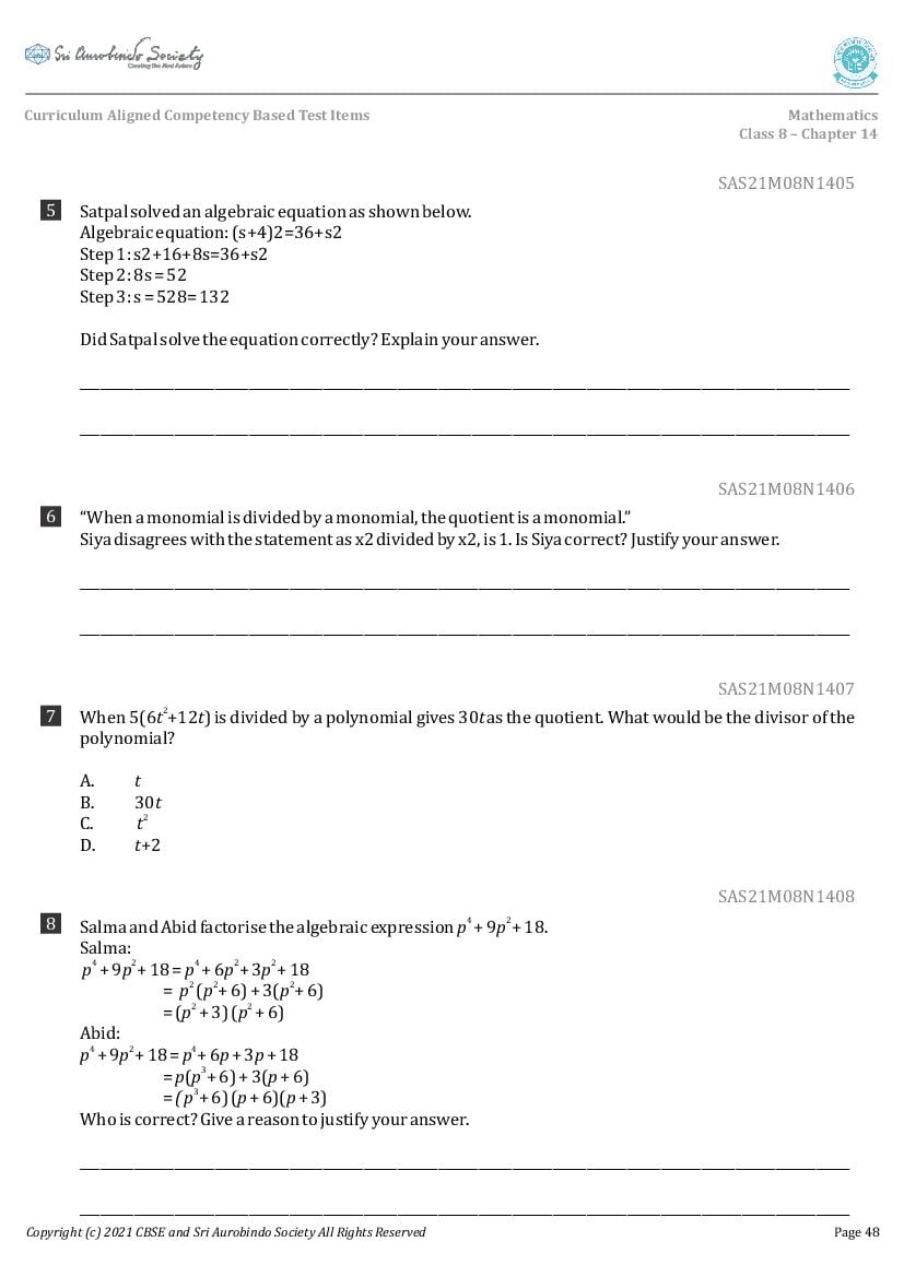 Class 8 Maths Competency Based Questions 2025 - Download PDF - AglaSem