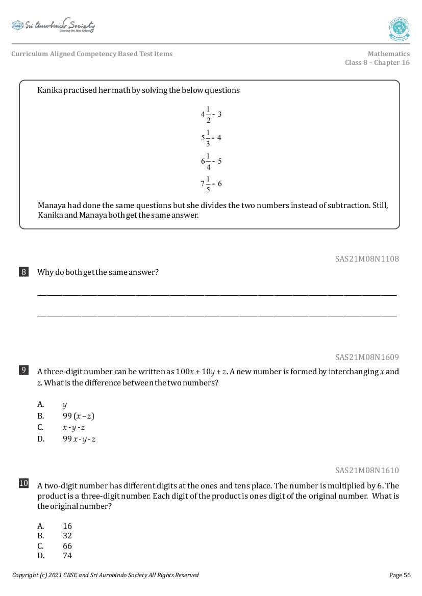 Class 8 Maths Competency Based Questions 2025 - Download PDF - AglaSem
