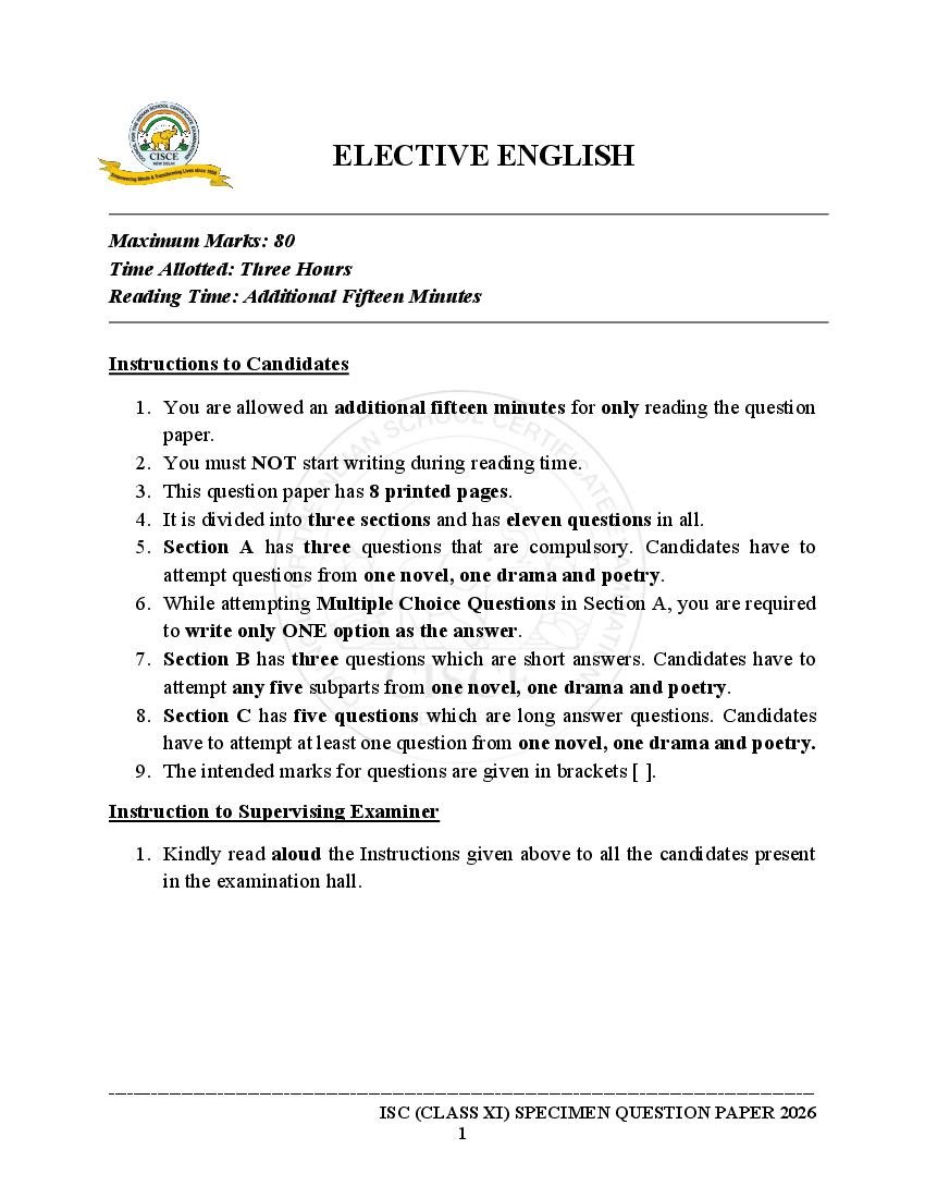 ISC English Elective Specimen Paper 2026 PDF | CISCE Class 11 English ...
