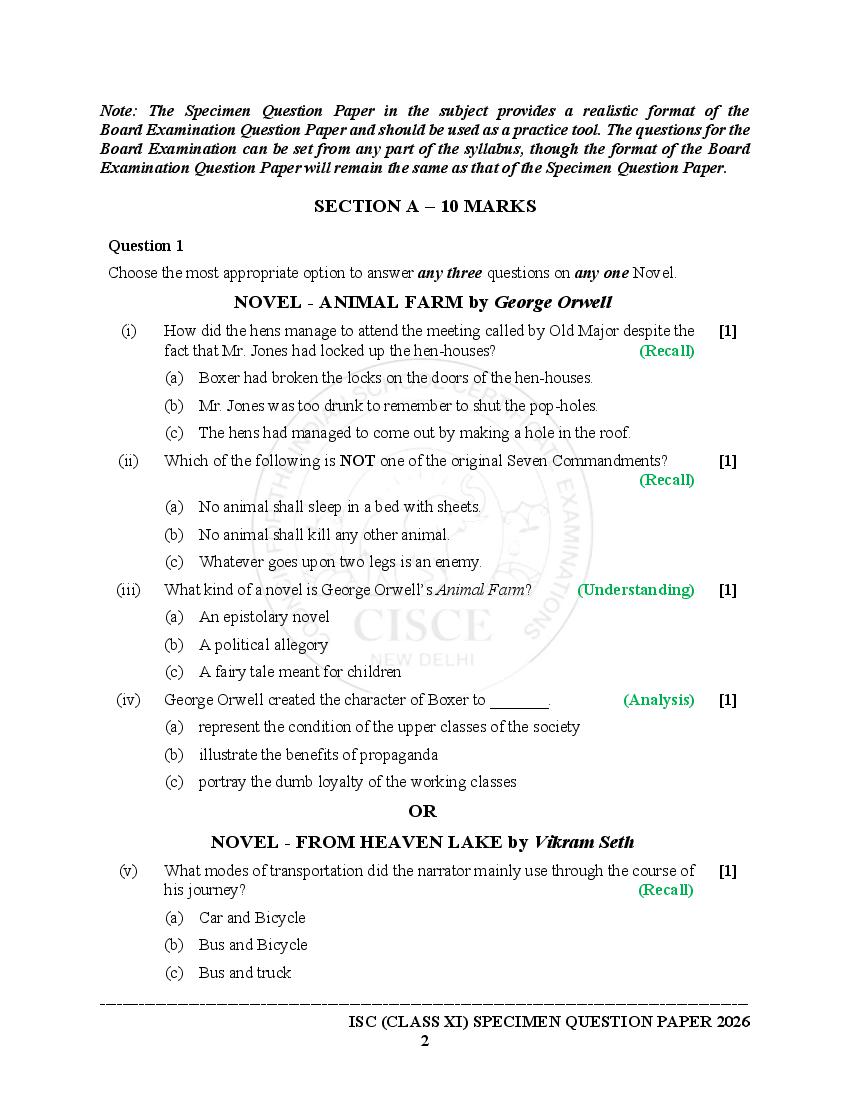 ISC English Elective Specimen Paper 2026 PDF | CISCE Class 11 English ...