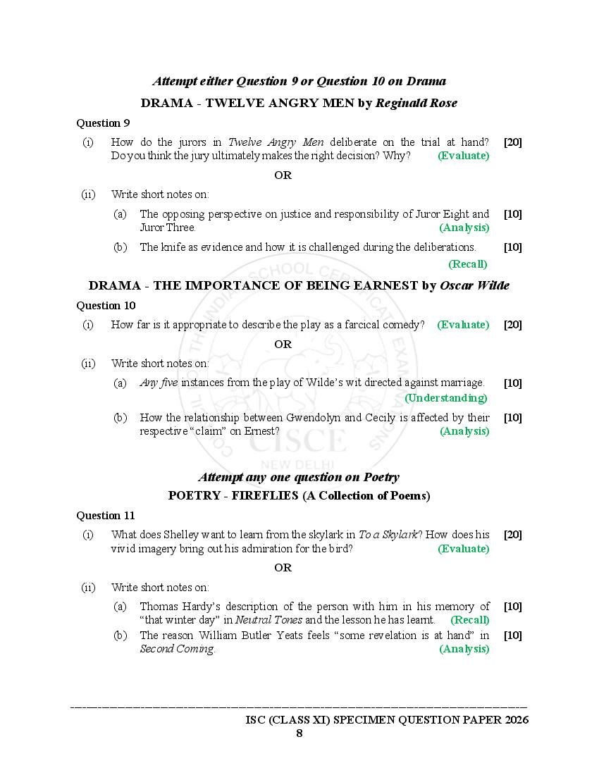ISC English Elective Specimen Paper 2026 PDF | CISCE Class 11 English ...