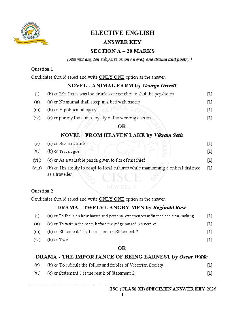 ISC English Elective Specimen Paper 2026 PDF | CISCE Class 11 English ...