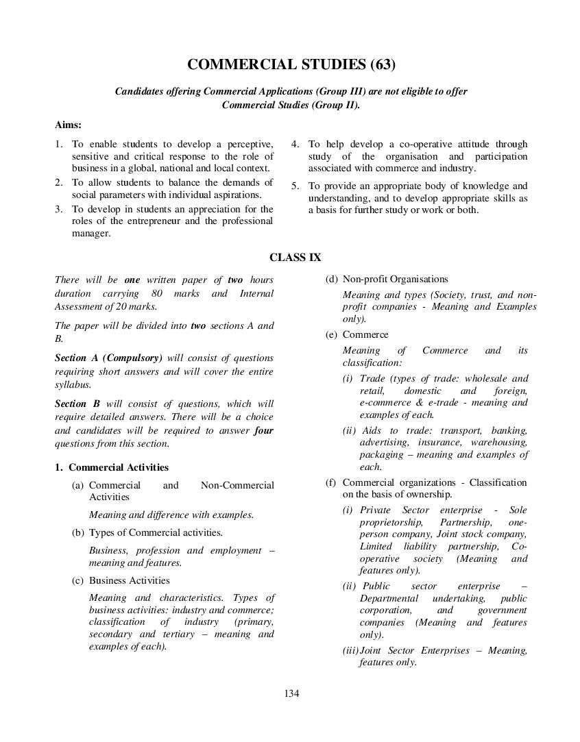 ICSE Class 10 Syllabus 2023 Commercial Studies