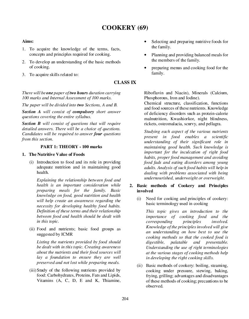 ICSE Class 10 Syllabus 2023 Cookery