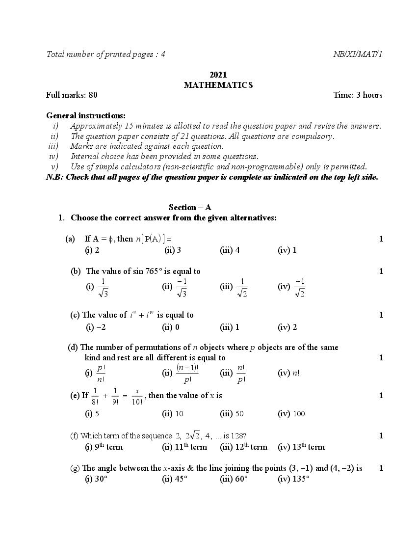 NBSE Class 11 Question Paper 2021 For Maths NBSE Class 11 Question Paper 2021 For Maths