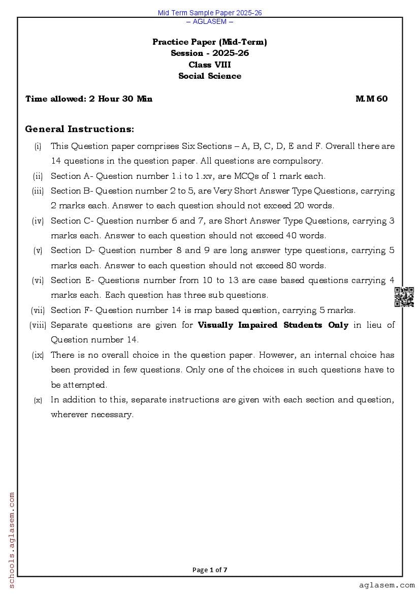 Class 8 Social Science Mid Term Sample Paper 2025 PDF | Download PT1 / Term 1 Practice Paper ...