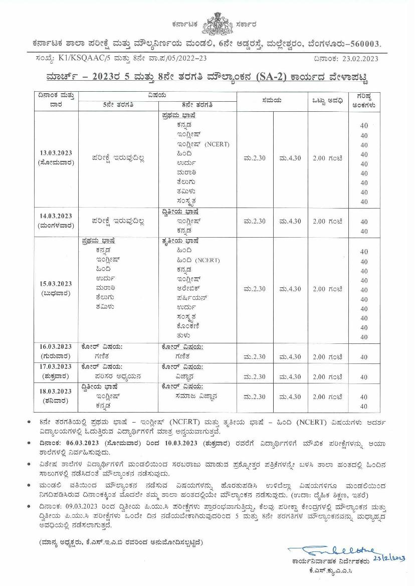 Karnataka Board Class 5th Time Table 2023