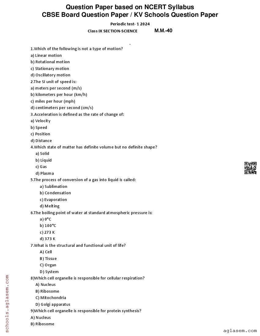 Class 9 PT 1 Question Paper Science 2024-25 | Download Periodic Test 1 ...