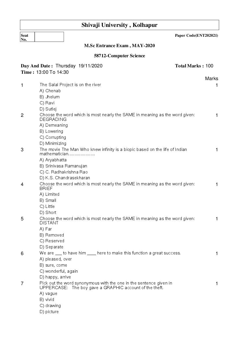 Shivaji University Entrance Exam 2020 ion Paper MSc Computer Science