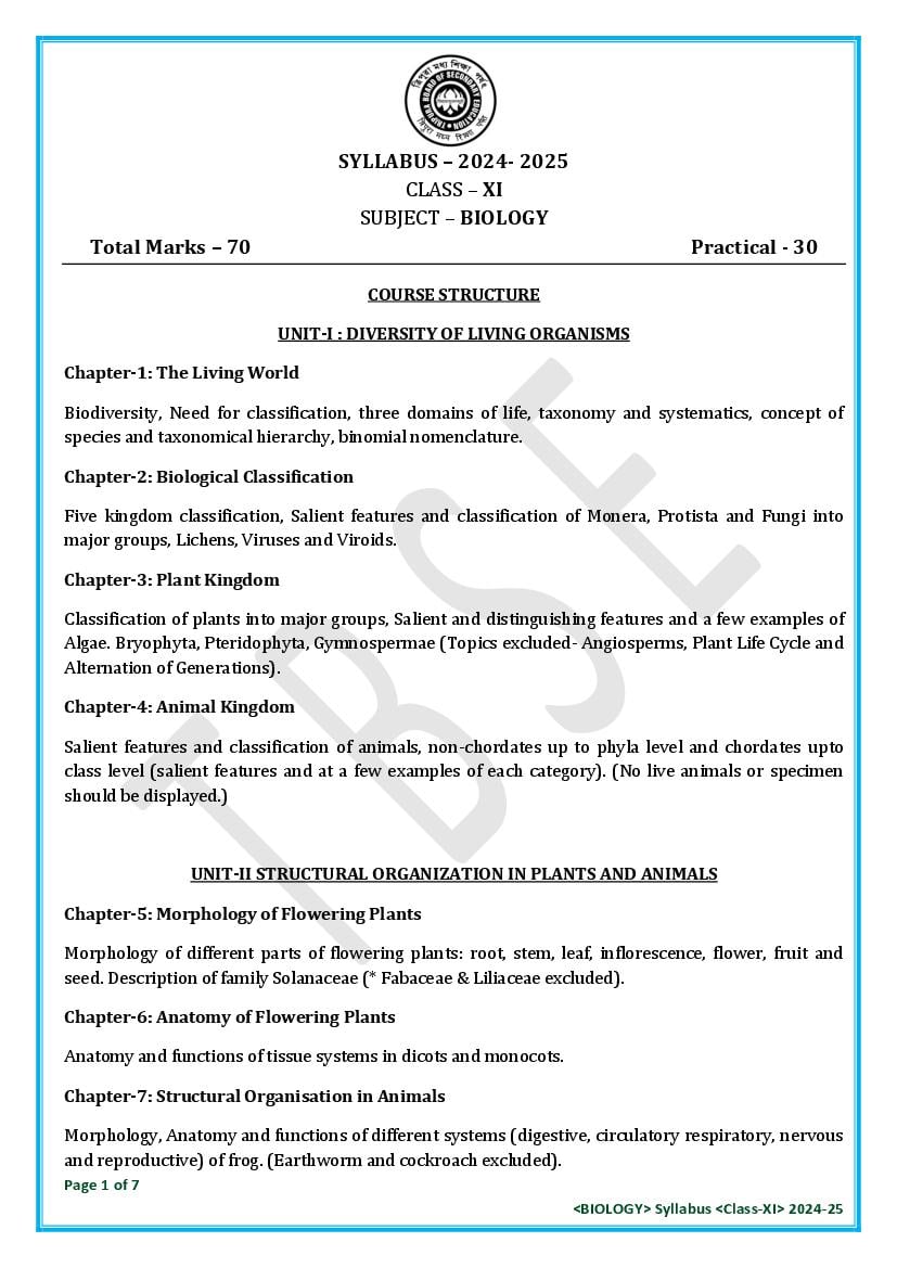 Tbse Class 11 Syllabus 2025 Biology