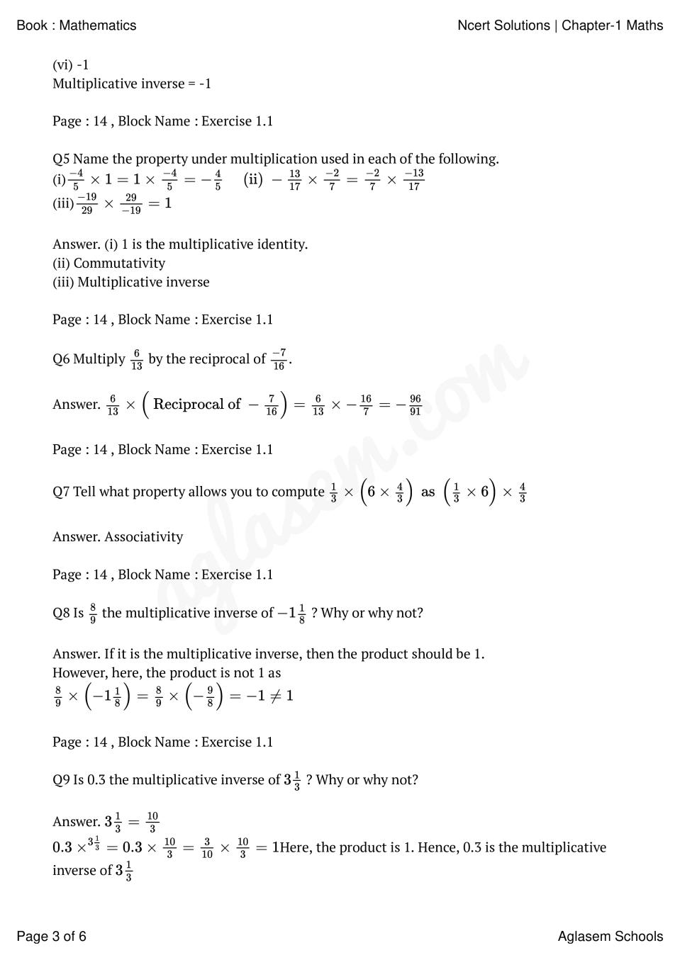 NCERT Solutions For Class 8 Maths Chapter 1 Rational Numbers PDF 