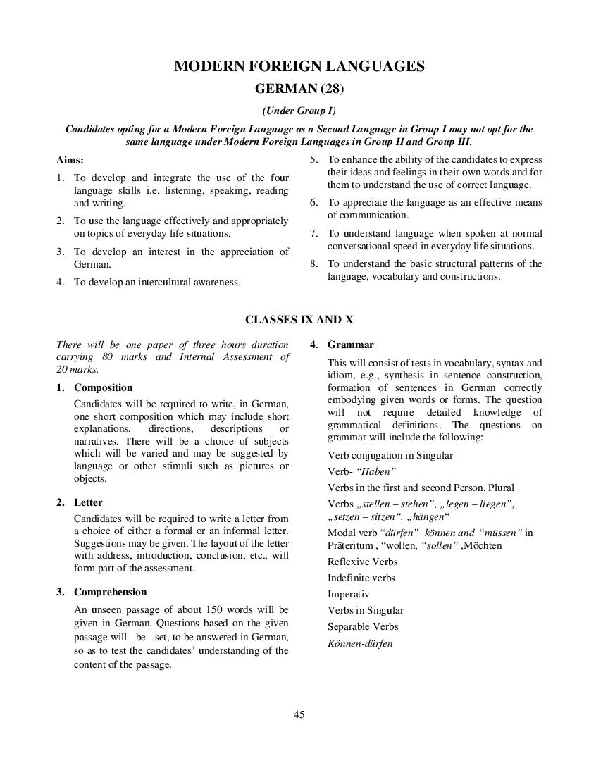 ICSE Class 10 Syllabus 2023 German
