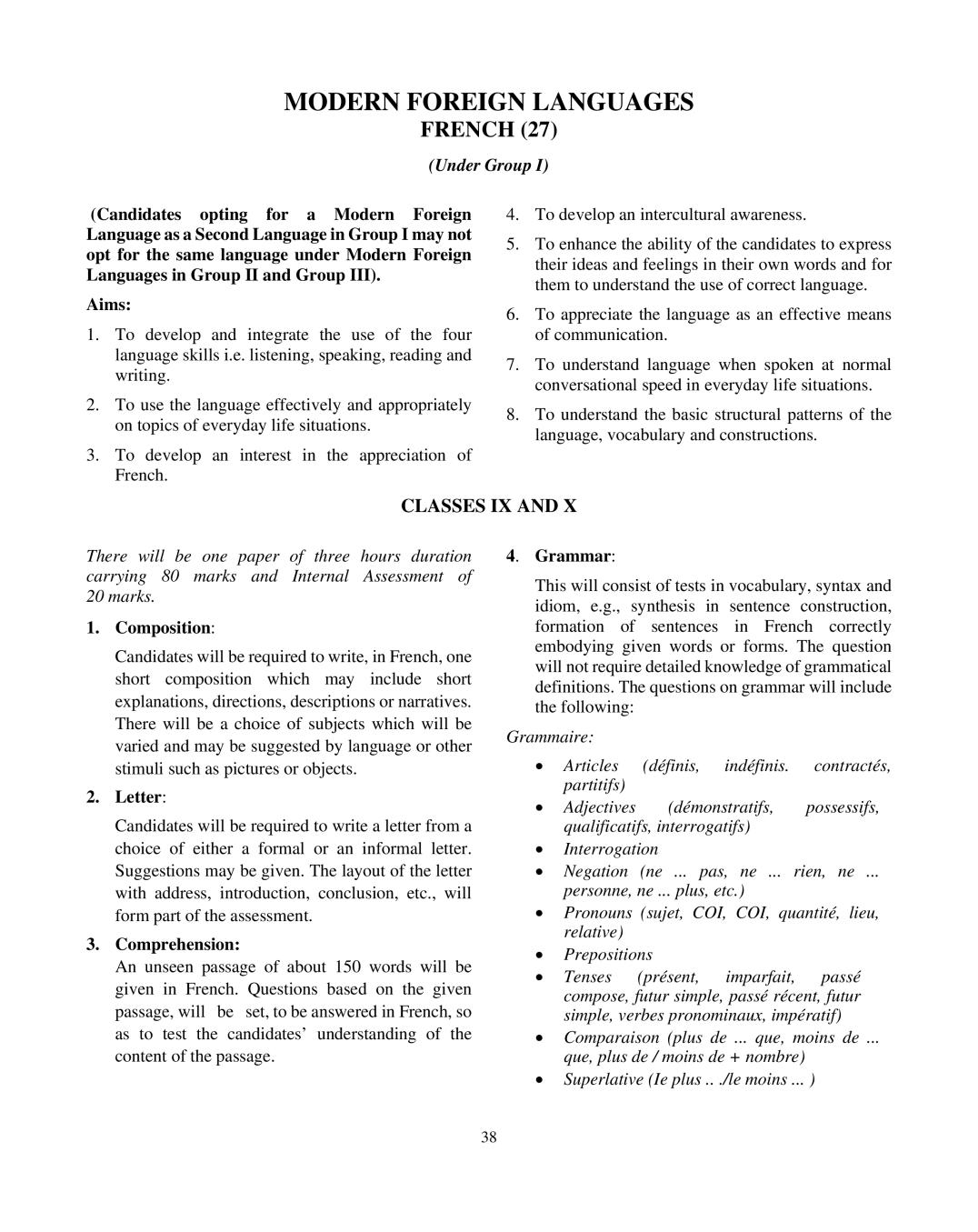 ICSE Class 10 French Syllabus 2021