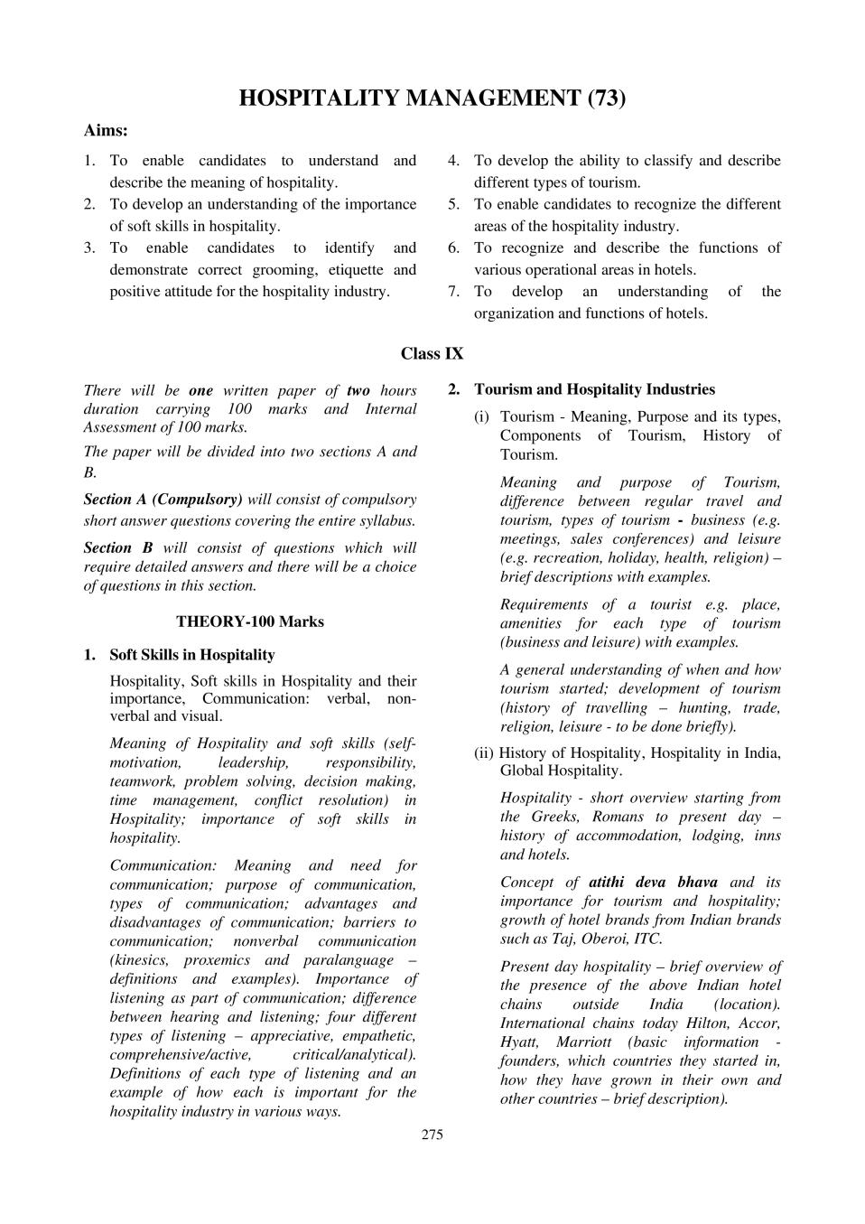 ICSE Class 10 Hospitality Management Syllabus 2021