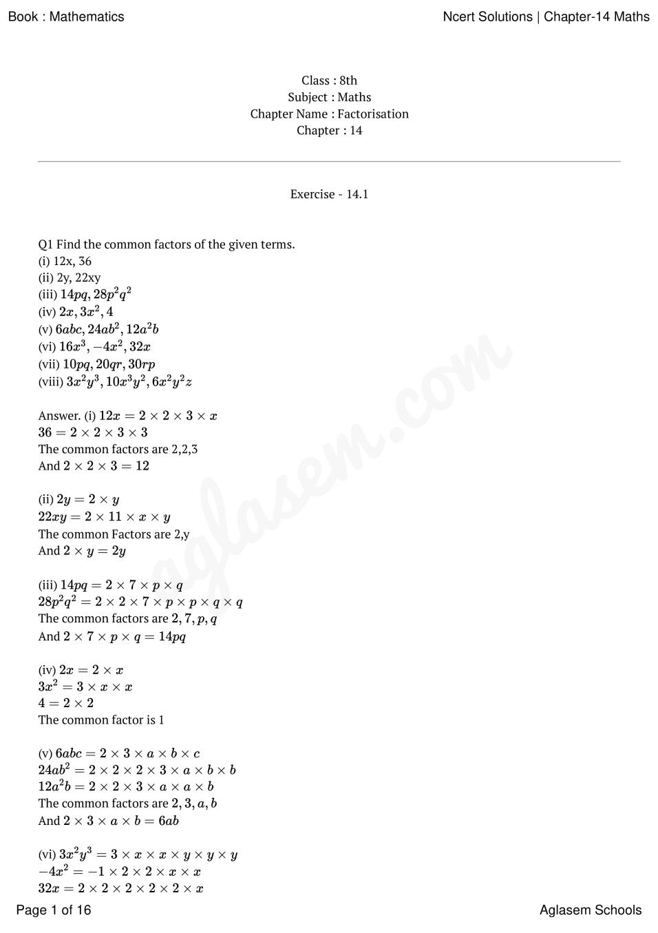 NCERT Solutions For Class 8 Maths Chapter 12 Factorisation PDF 