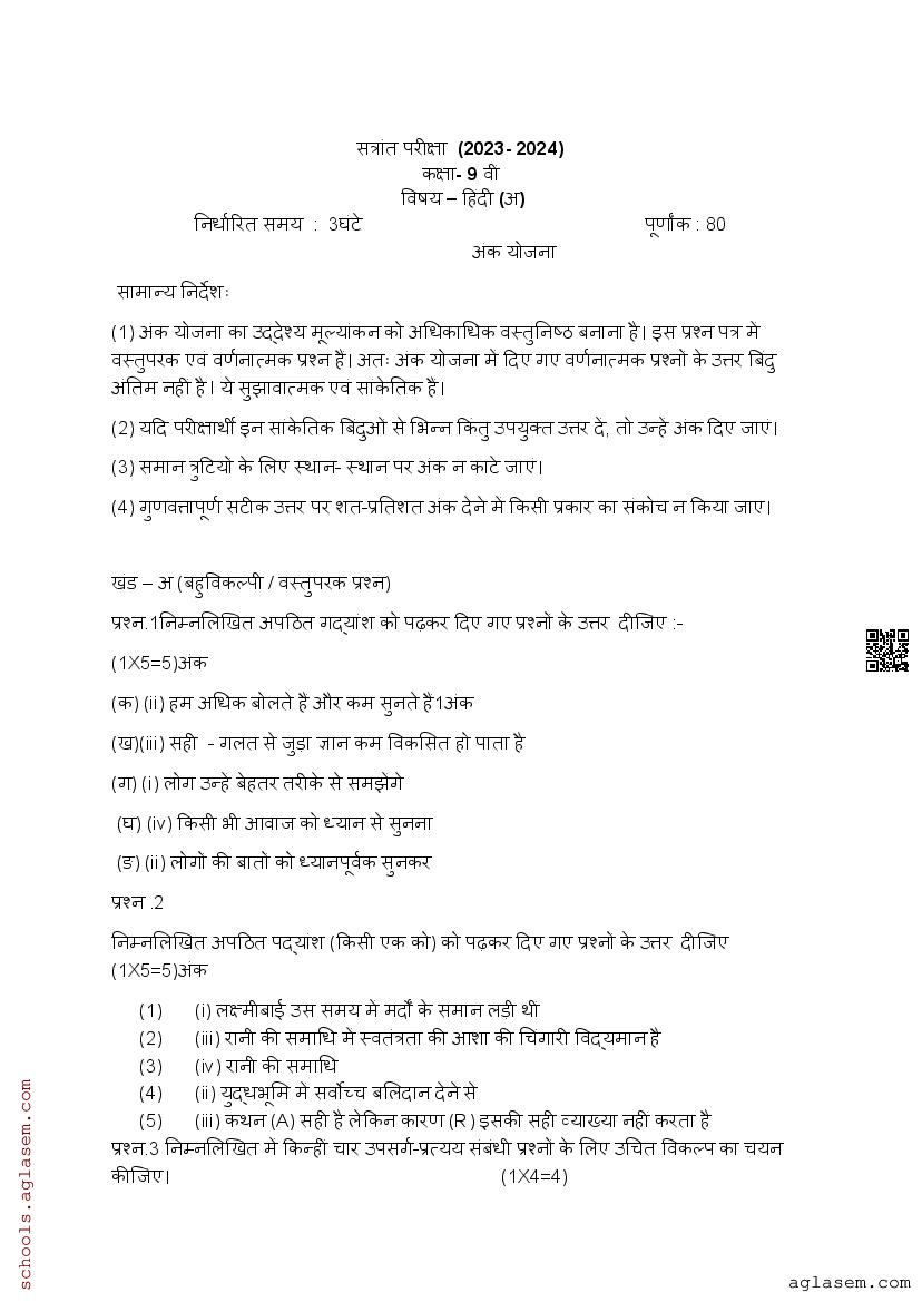 Class 9 Hindi Question Paper 2024 (PDF) - Download 9th Annual Exam ...