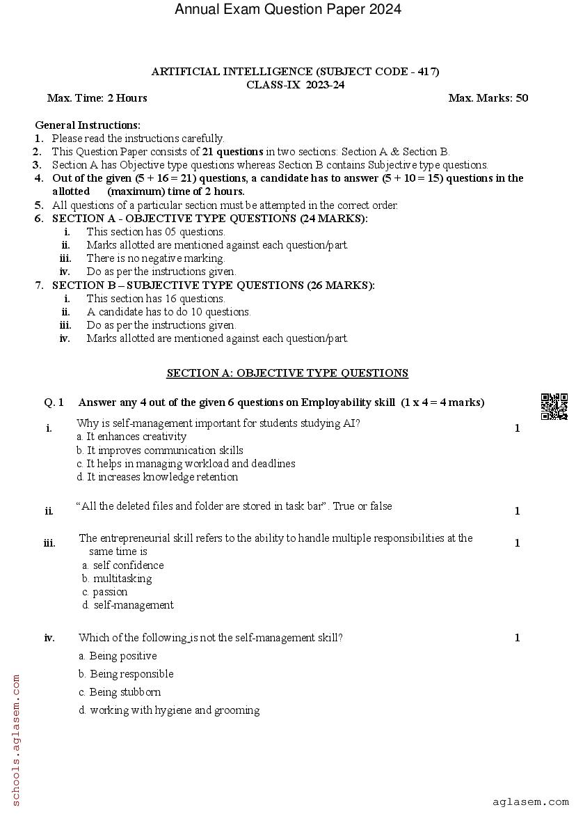 Class 9 Artificial Intelligence Question Paper 2024 (PDF) - 9th Annual ...