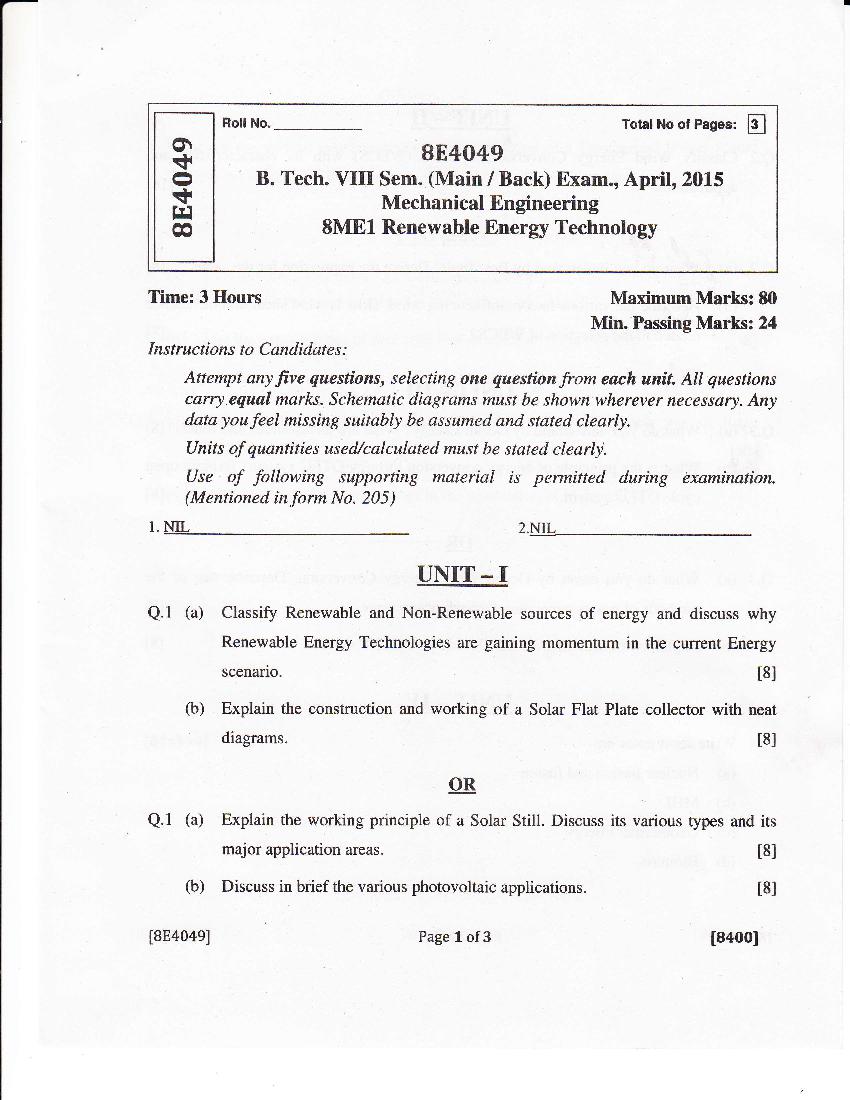 RTU 2015 Question Paper Semester VIII Mechanical Engineering Renewable Energy Technology