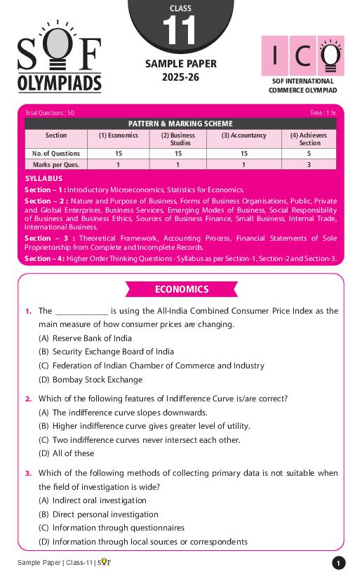 SOF ICO Sample Paper 2026 Class 11