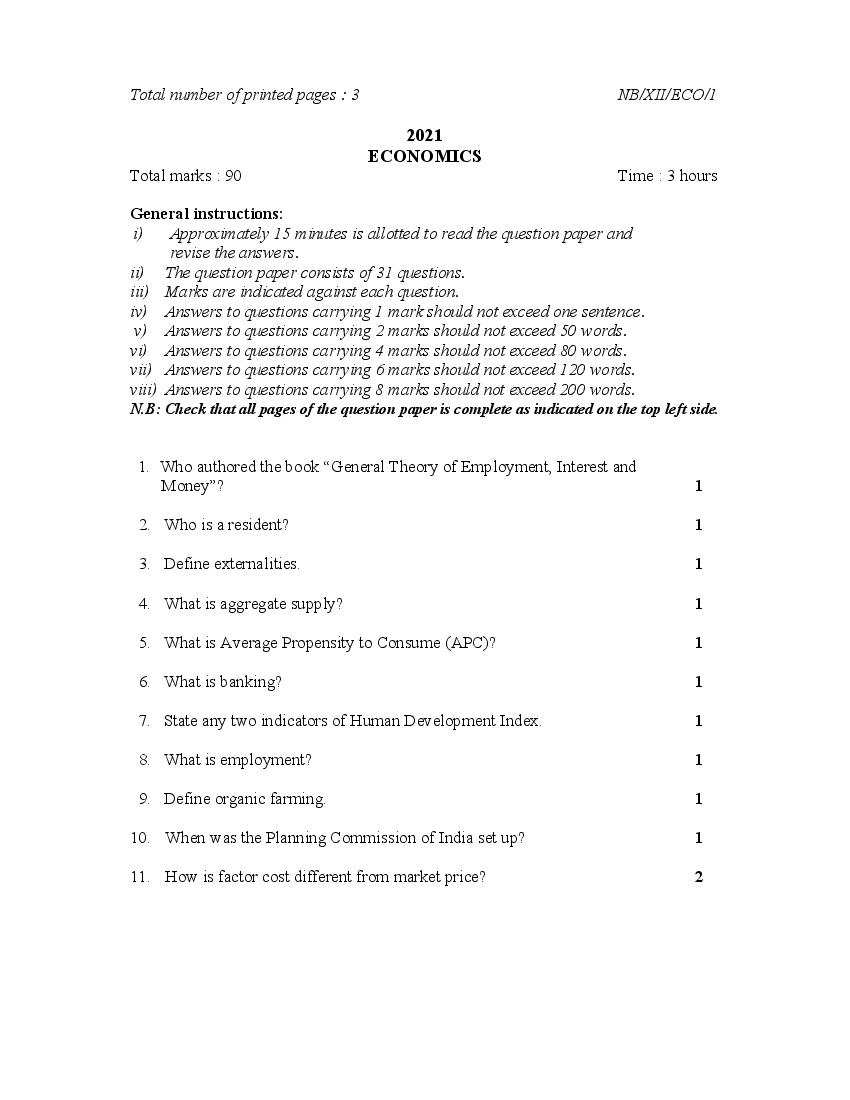 NBSE Class 12 Question Paper 2021 For Economics