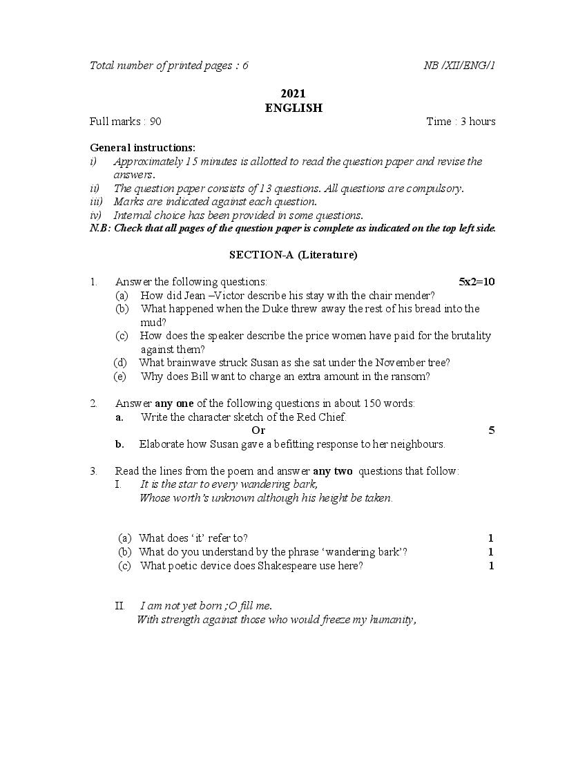 NBSE Class 12 Question Paper 2021 For English NBSE Class 12 Question Paper 2021 For English