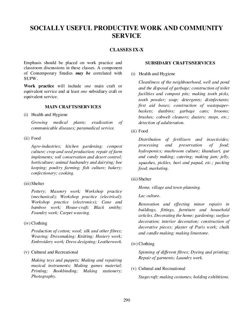 ICSE Class 10 Syllabus 2023 SUPW And Community Service
