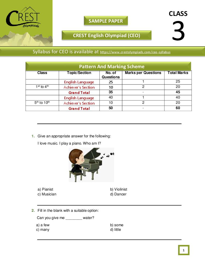 CREST English Olympiad CEO Class 3 Sample Paper