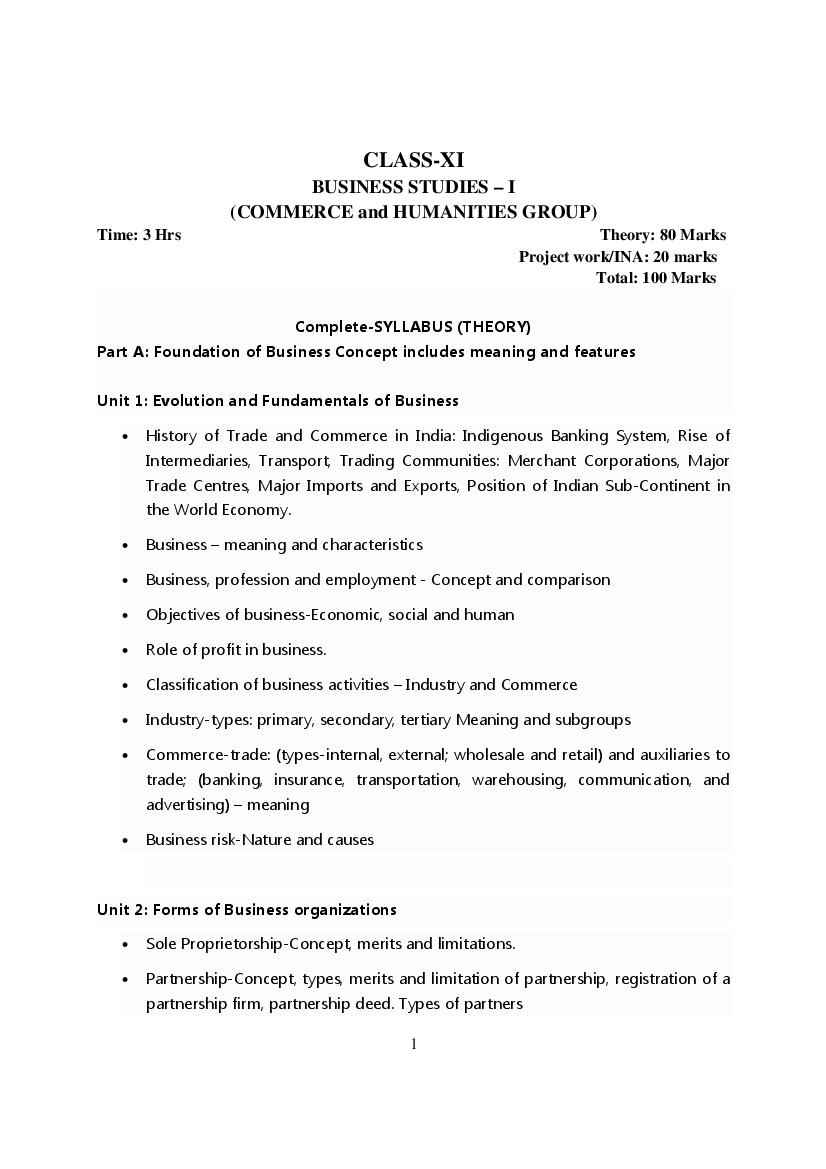 PSEB 11th Class Syllabus 2023 Business Studies