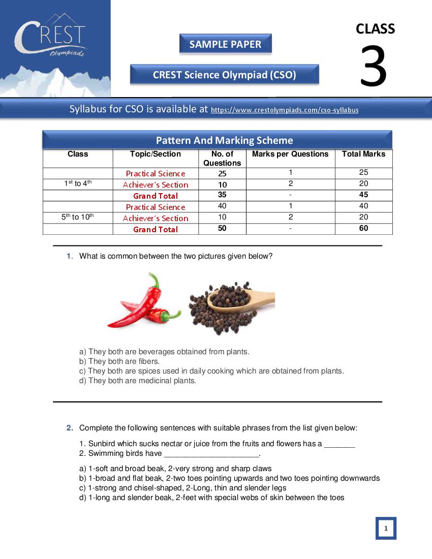 CREST Science Olympiad CSO Class 3 Sample Paper CREST Science Olympiad CSO Class 3 Sample Paper