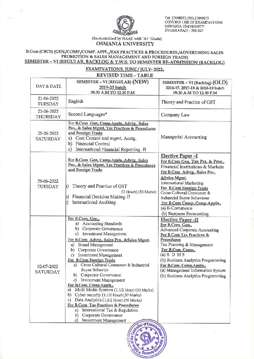 Osmania University Revised Time Table Of UG B Com 6th Sem Regular