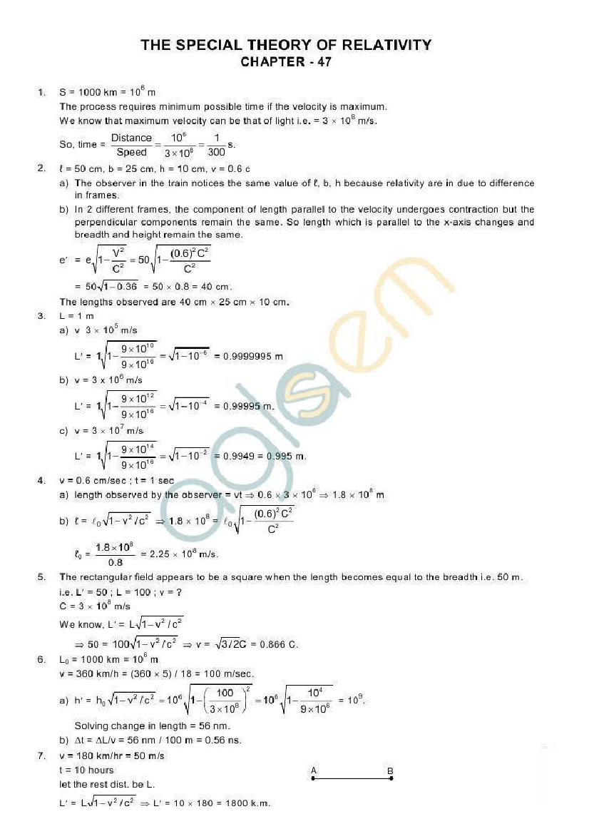 HC Verma Solutions Chapter 47 The Special Theory of Relativity