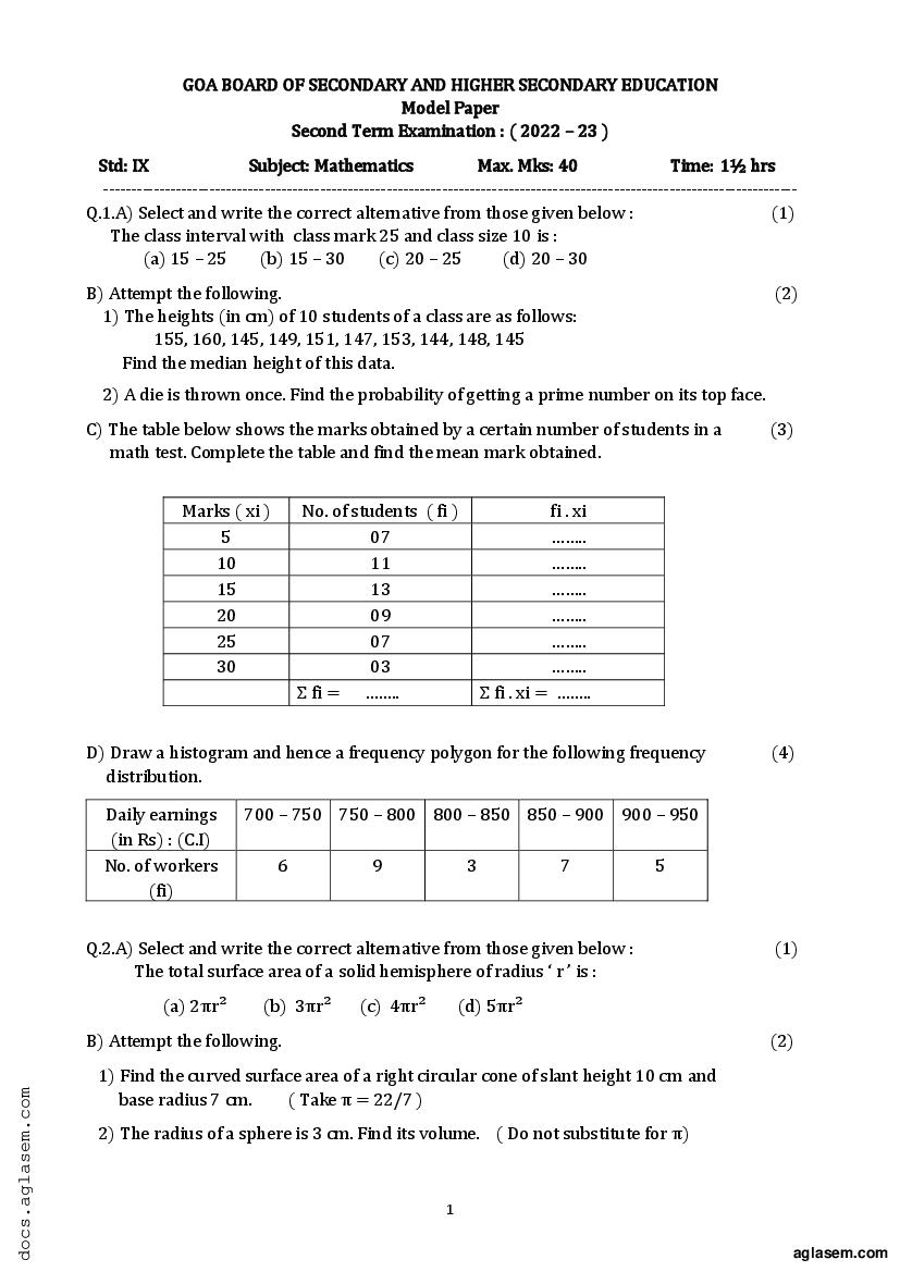 Goa Board Class 9 Maths Sample Paper 2024 PDF 