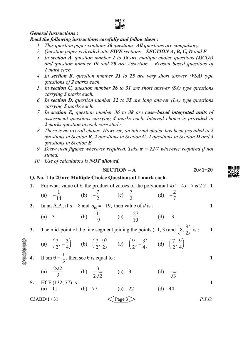 Class 10 Maths Basic Question Paper 2024 (PDF) - Download 10th Annual ...