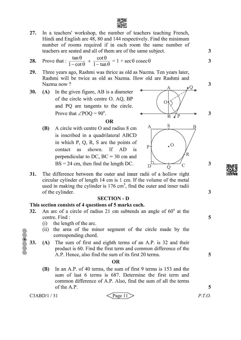 Class 10 Maths Standard Question Paper 2024 (PDF) - Download 10th ...