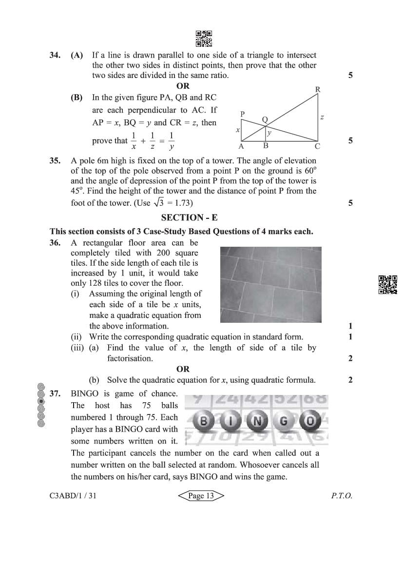 Class 10 Maths Standard Question Paper 2024 (PDF) - Download 10th ...