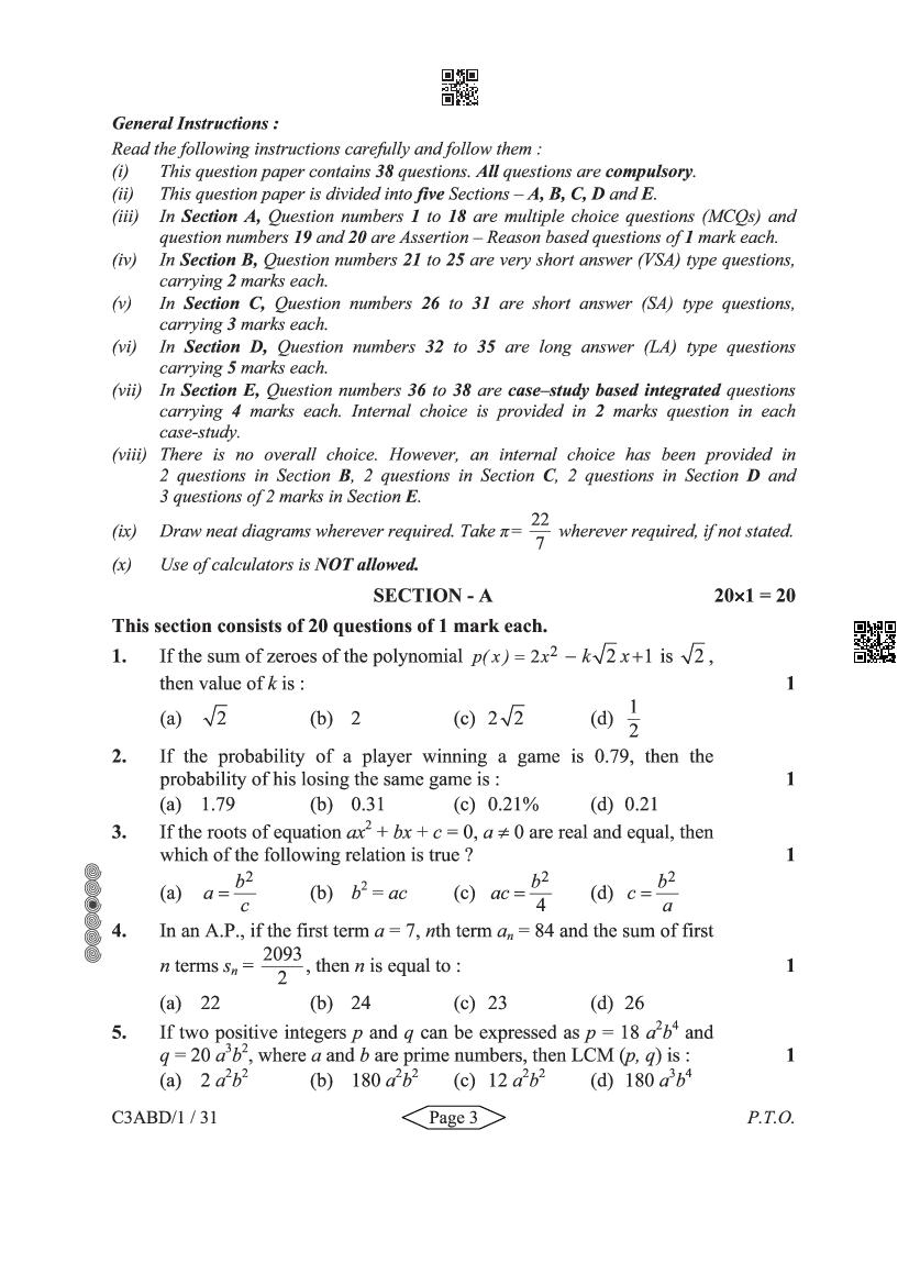 Class 10 Maths Standard Question Paper 2024 (PDF) - Download 10th ...