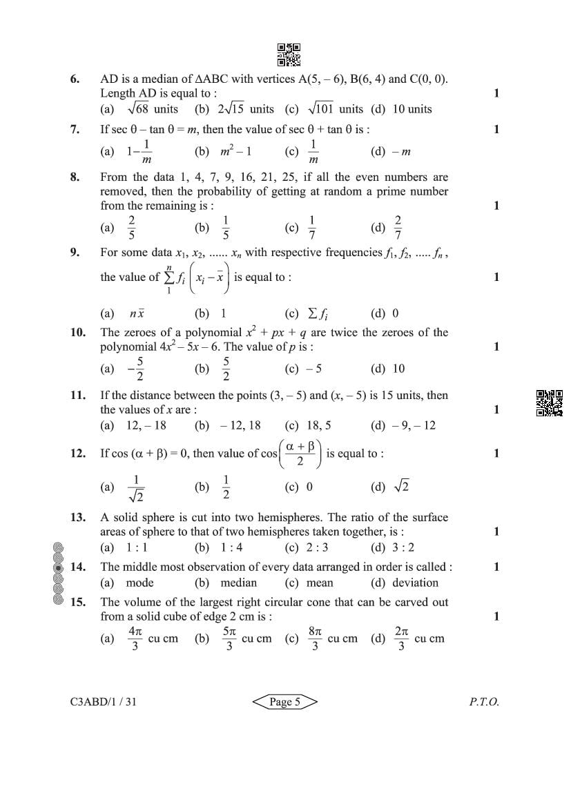 Class 10 Maths Standard Question Paper 2024 (PDF) - Download 10th ...