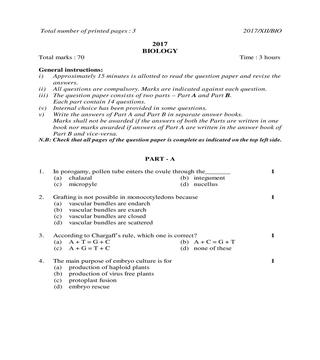 NBSE Class 12 Question Paper 2017 for Biology