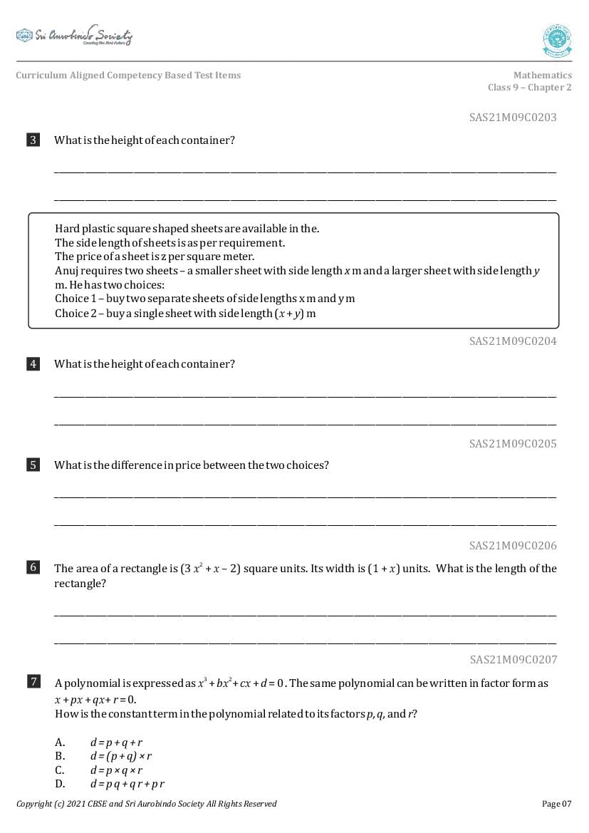 Class 9 Maths Competency Based Questions 2025 - Download PDF - AglaSem