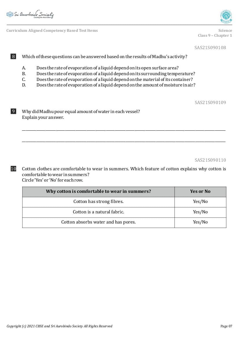 Class 9 Science Competency Based Questions 2025 - Download PDF - AglaSem