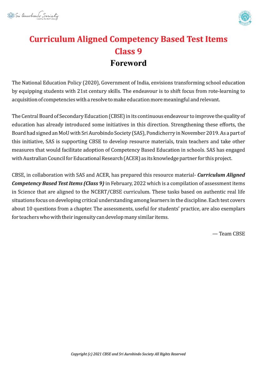 Class 9 Science Competency Based Questions 2025 - Download PDF - AglaSem